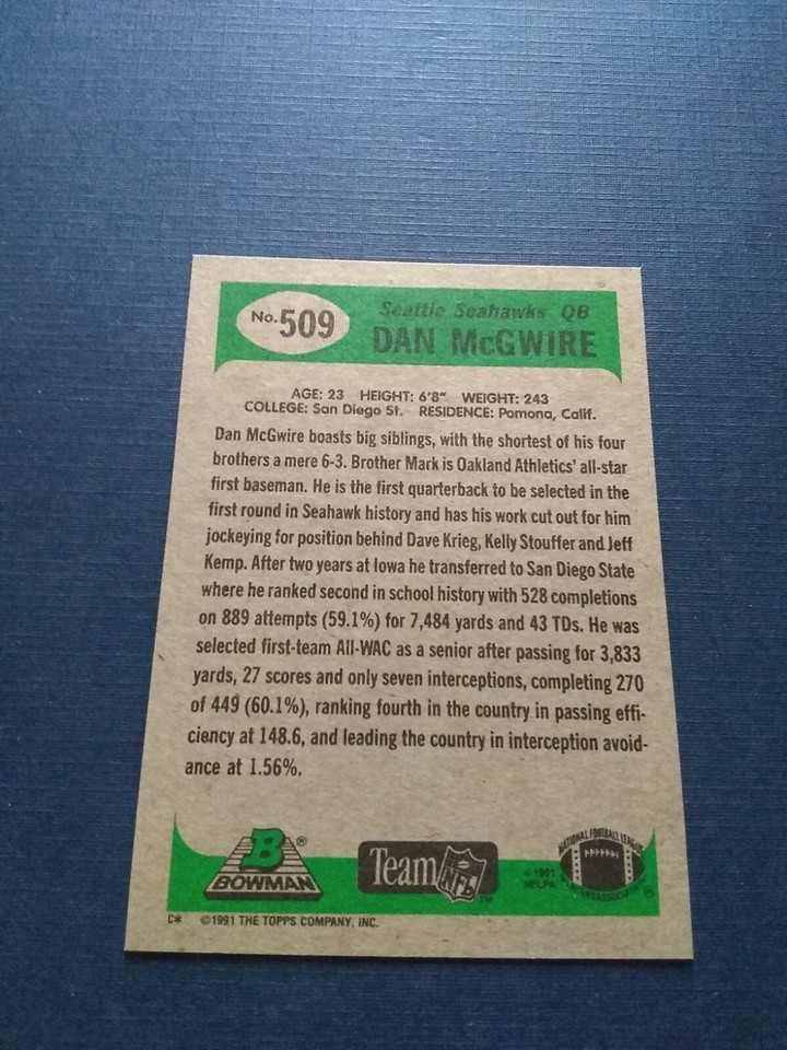1991 Bowman Football Dan McGwire Rookie Card #509 Factory Set Break NM ...