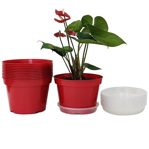 8 inch Plastic Flower Pots, Red Plant Pots 12Pack with Saucers for ...