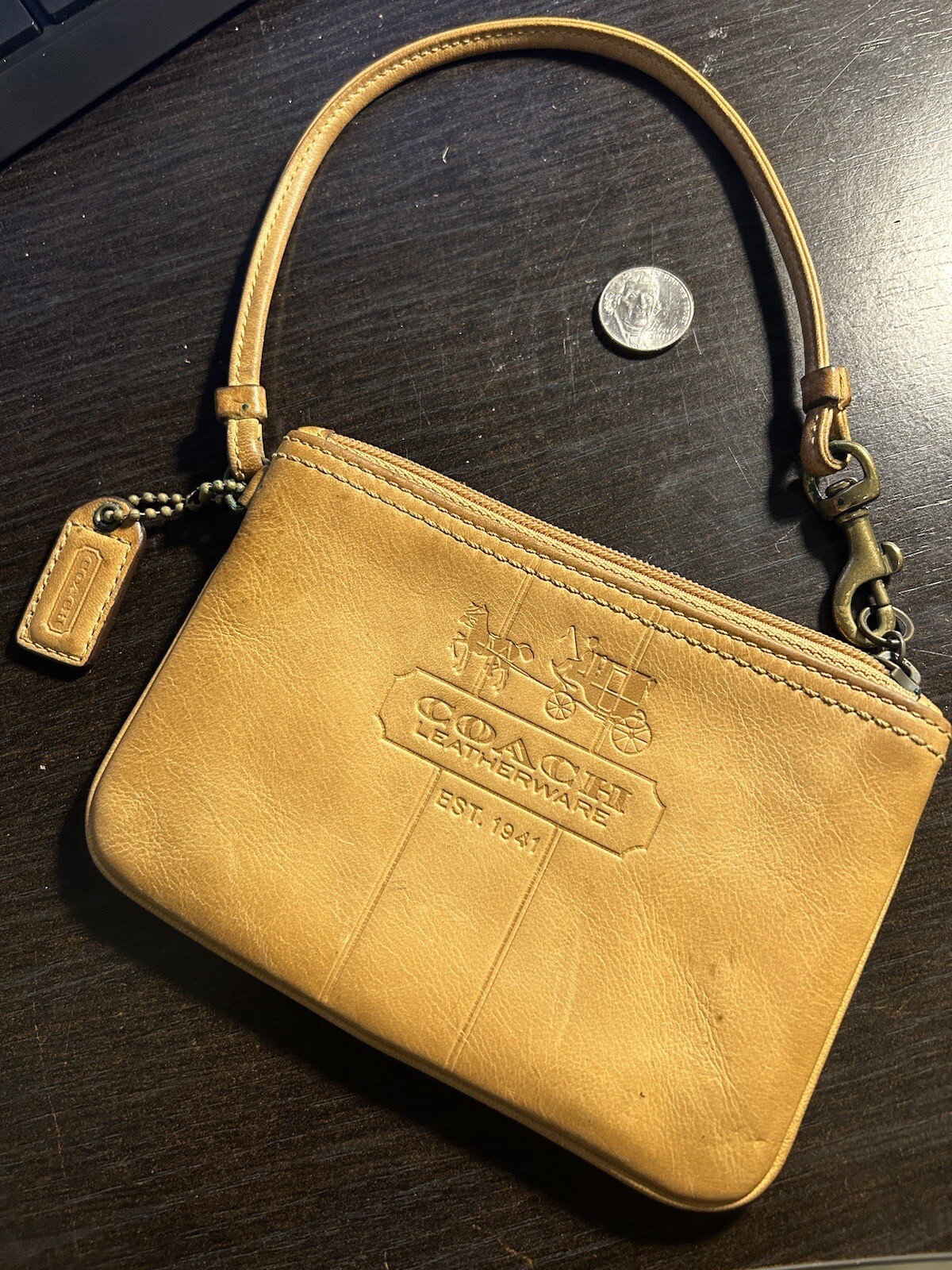 COACH Light British Tan Leather Zip Pouch Wristlet - Gem