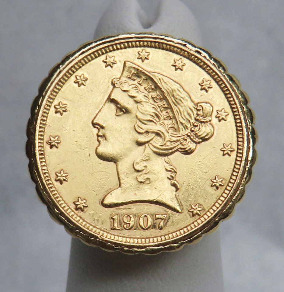 1907 USA ANTIQUE $5 DOLLAR SOLID GOLD IN 18K COIN PINKY RING SIZE 8 | eBay