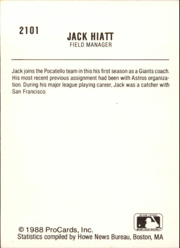 1988 Pocatello Giants ProCards #2101 Jack Hiatt Manager Baseball Card ...