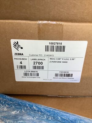 Zebra 1000D 4" x 2" Z Preform Labels 2700/Roll Fan Fold CASE OF 4 ...