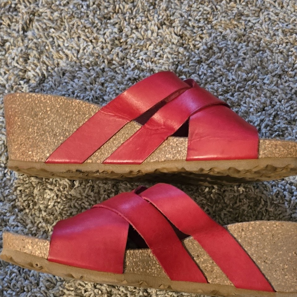 Yokono Mora Cross Strap Red Leather Wedge Sandals Shoes Made In Spain ...