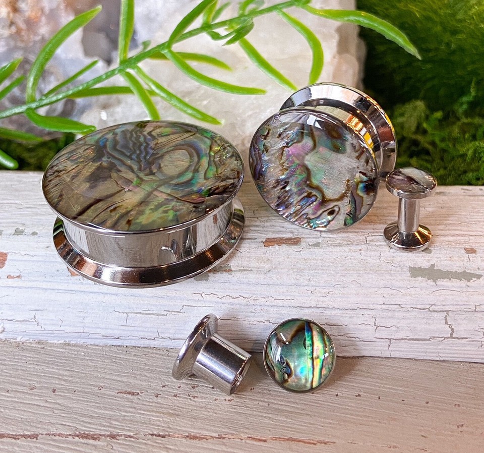 PAIR Abalone Inlay Steel Screw Fit Plugs Tunnels Earlets Gauges Body ...