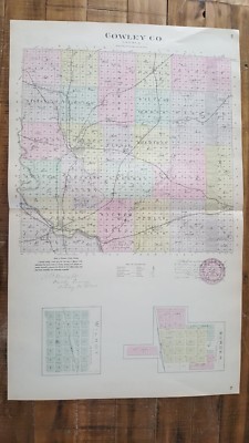 -Antique Colored MAP - COWLEY COUNTY + WILMOT, BURDEN - 1887 KANSAS ...