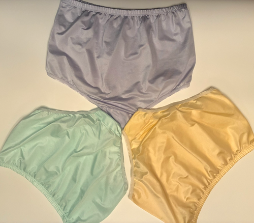THREE Shiny NYLON PANTIES Size 8 XL Green YELLOW BLUE Silky Second Skin ...