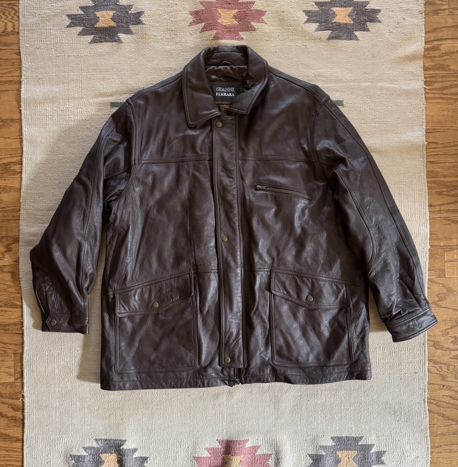 Vintage Gianni Ferrara Brown Leather Quilted Zip Chore Style Jacket ...