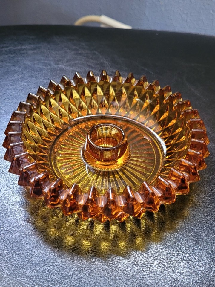 Vintage Indiana Glass Amber Diamond Point Candle Holder Ashtray | eBay