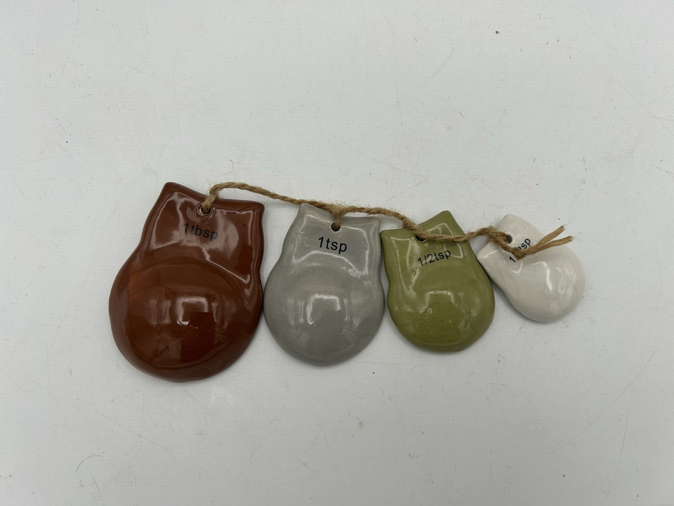 Ceramic Owl Measuring Spoons Set of 4 Brown Green White Gray Twine ...