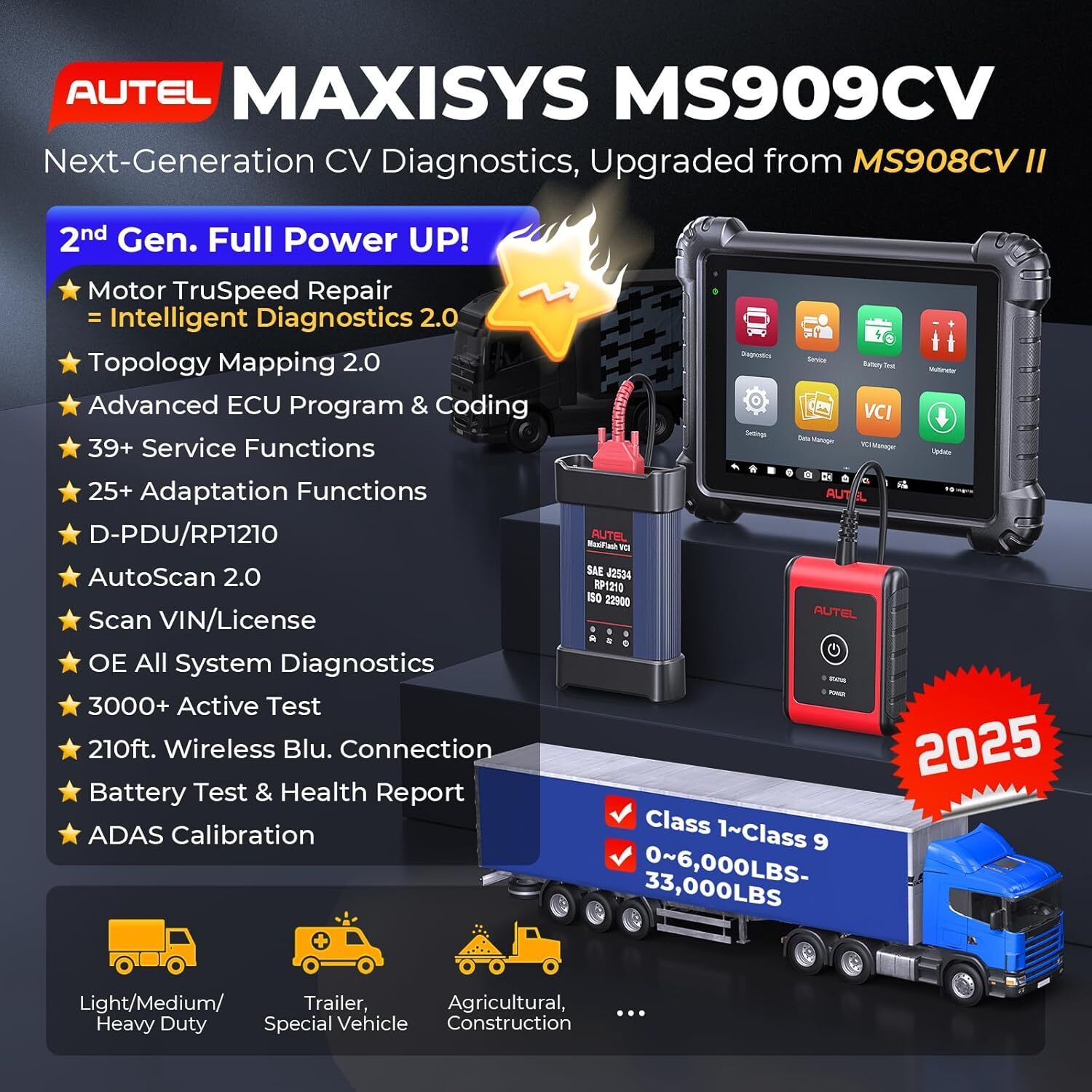 2023 Autel MaxiSYS MS909 CV Upgraded MS908CV Heavy Duty Truck ...