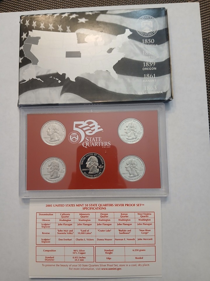 2005 S Proof State Quarter 90% Silver 5 Coin Statehood 25c Set with Box ...