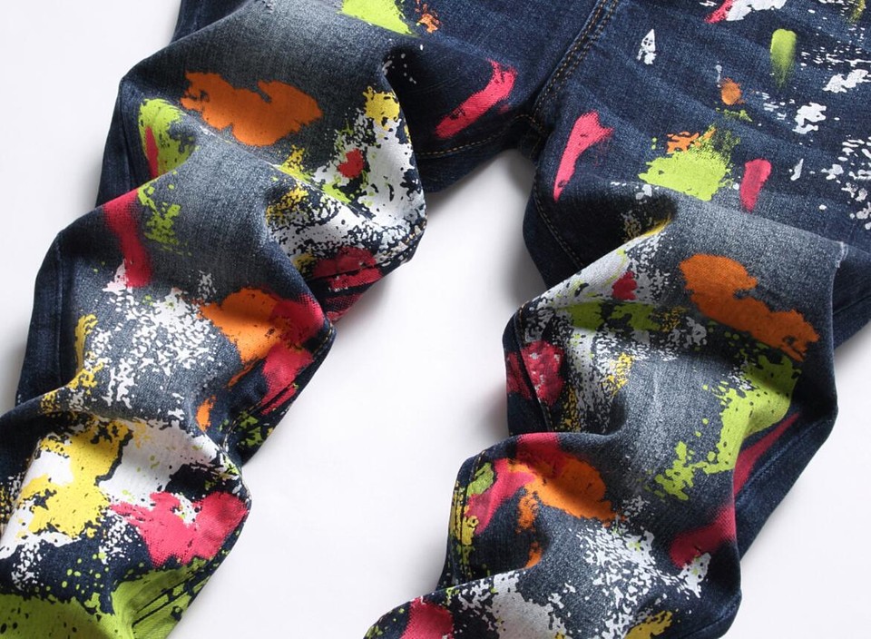 Men's Blue Color Printed Straight Leg Denim Jeans Trousers Pants Punk ...