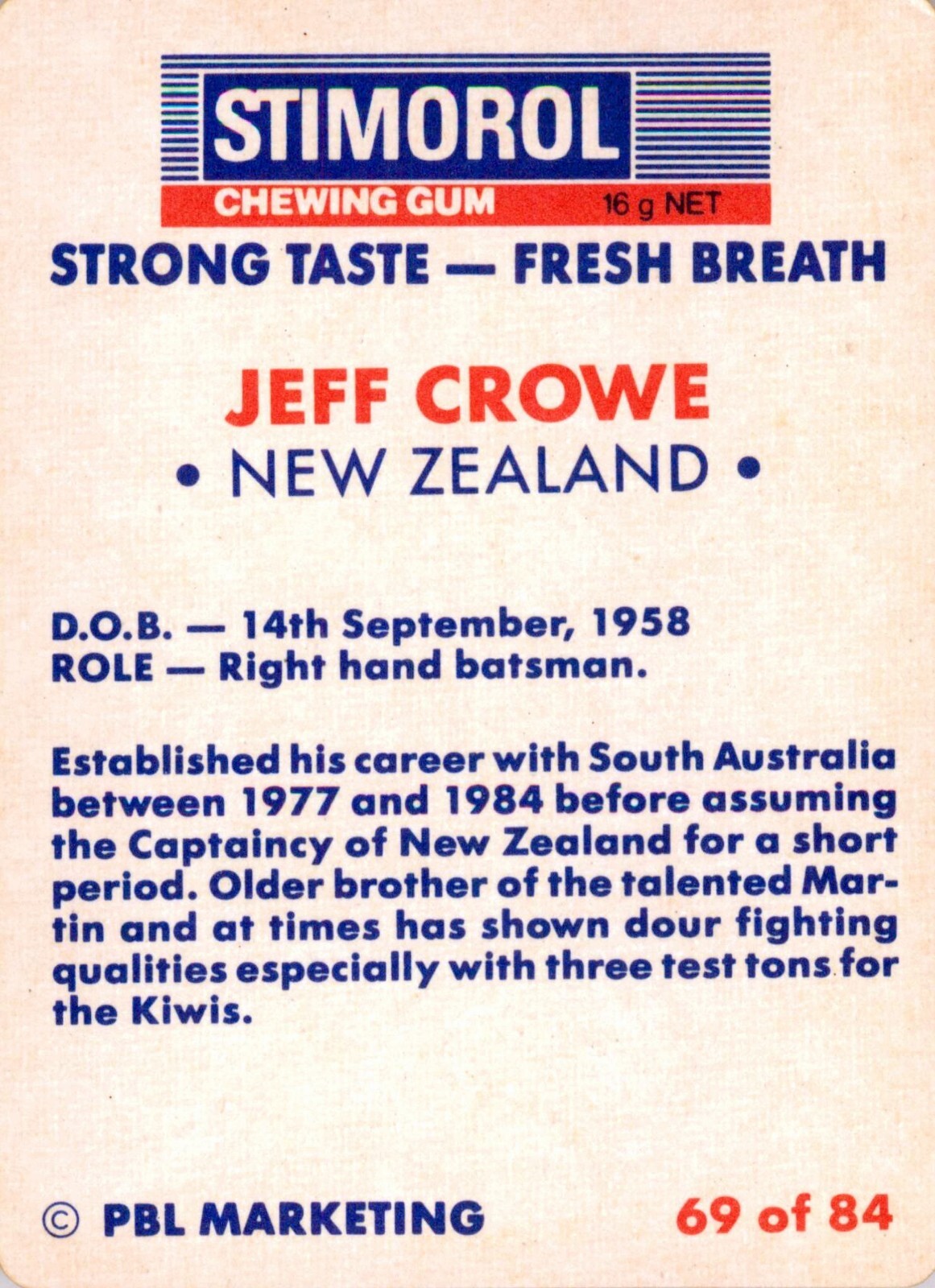 1990 1991 New Zealand Test Cricket Stimorol Card - Jeff Crowe | eBay