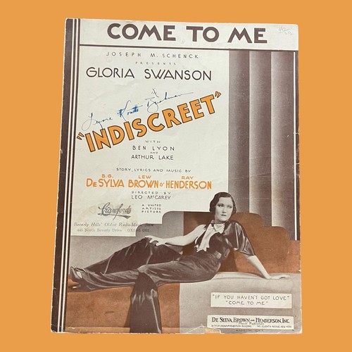 Come To Me Sheet Music Vintage Indiscreet Gloria Swanson Signed Lenore ...
