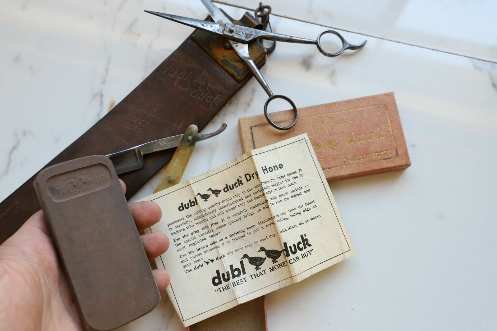 Vtg. Dubl Duck Lot Satin Edge Straight Razor, Pearlduck Strop ...