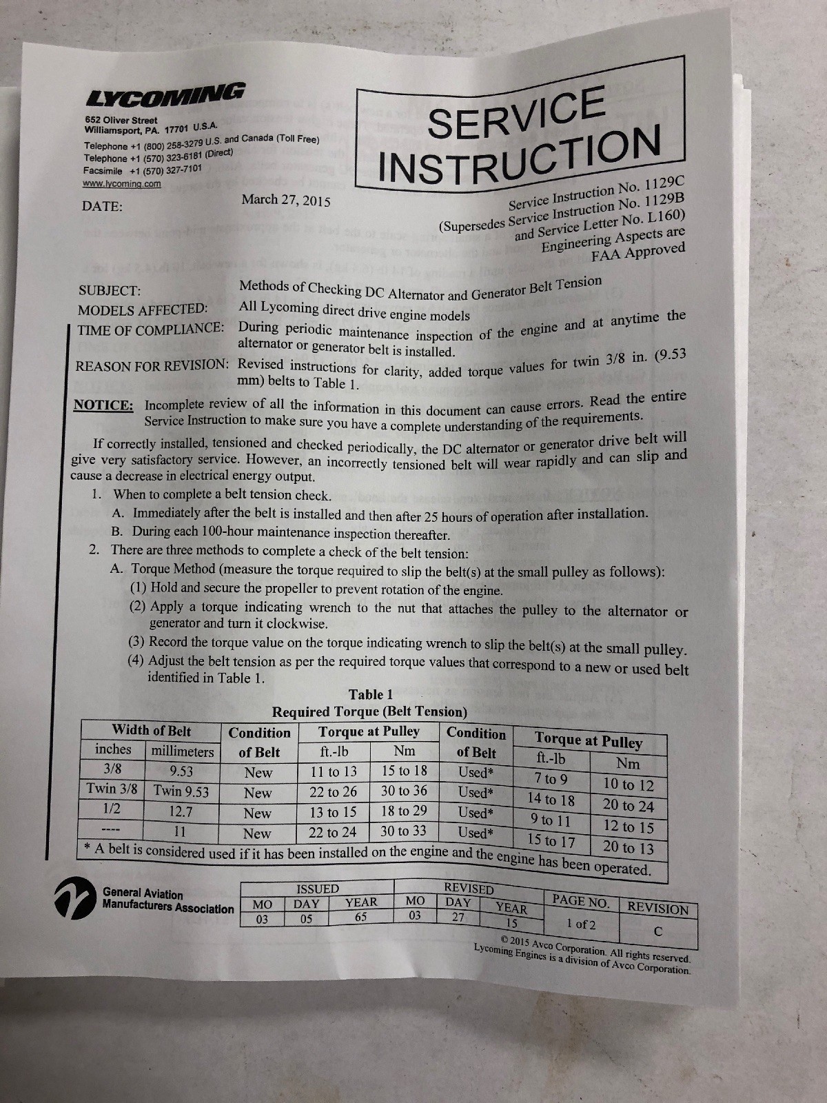 Lycoming Mandatory Service Bulletins, Service Instructions, and Service ...