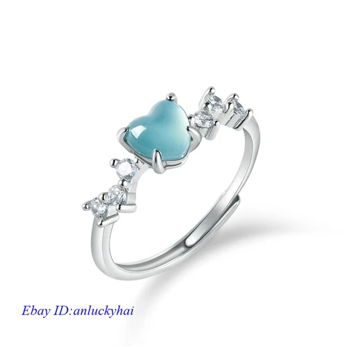 S925 Silver Inlay Natural Grade A Jadeite Blue Water Love Ring for Women