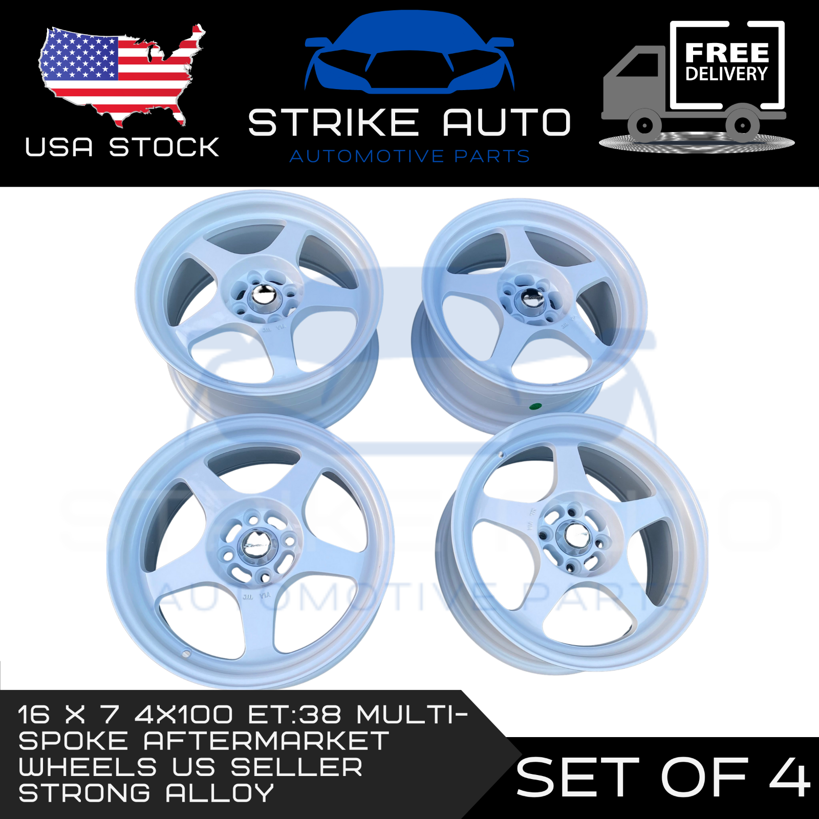 4PC 16 x 7 4x100 ET:38 CB:73.1 White 5-Spoke Wheels Rims Aftermarket ...