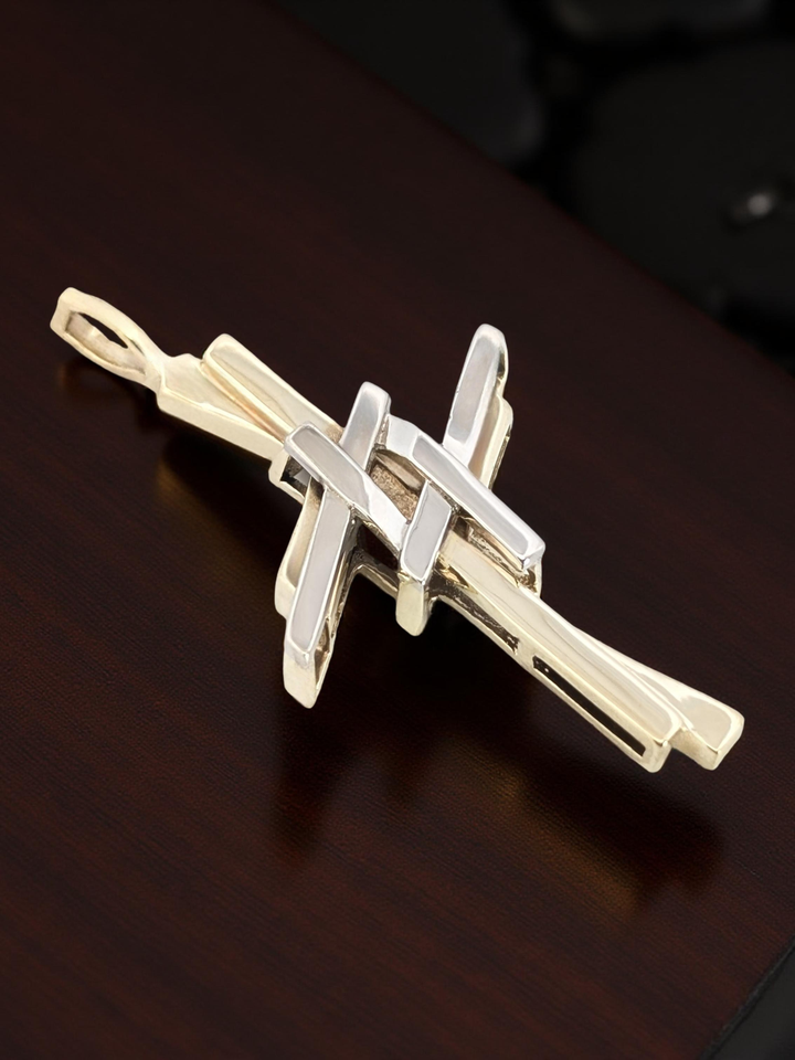 ESTATE SOLID 14K YELLOW & WHITE GOLD 3D GEOMETRIC CROSS PENDANT #7827 ...