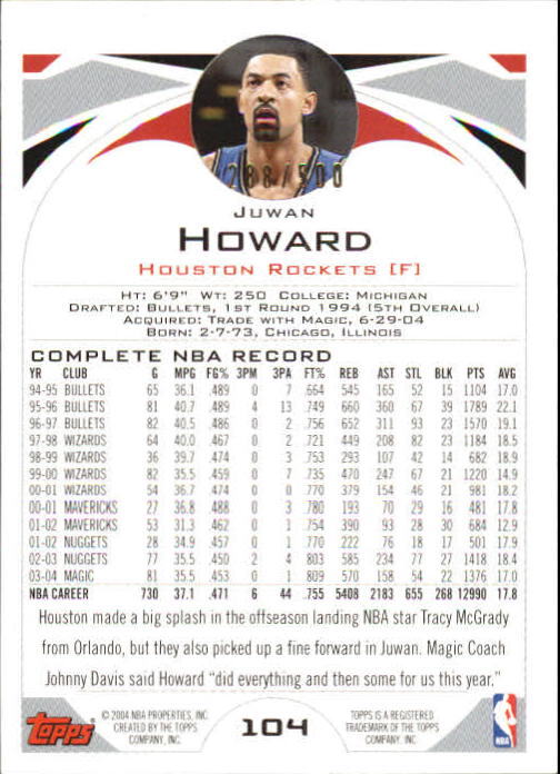 2004-05 Topps Black Houston Rockets Basketball Card #104 Juwan Howard ...