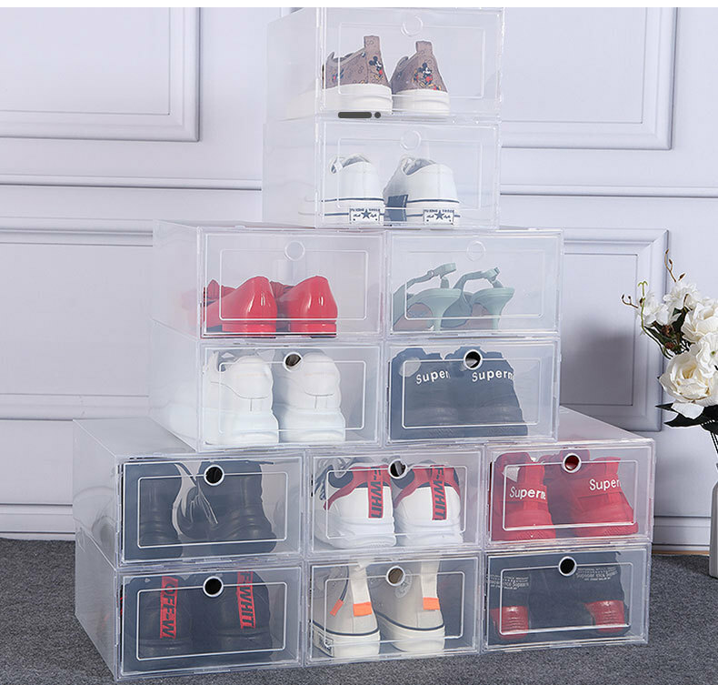 12x Clear Shoe Boxes Stackable Plastic Drawer Storage Case Organiser ...