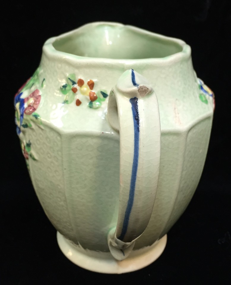 Pitcher Ceramic Green w/ Floral Relief Flowers Made in Japan Vintage 6 ...