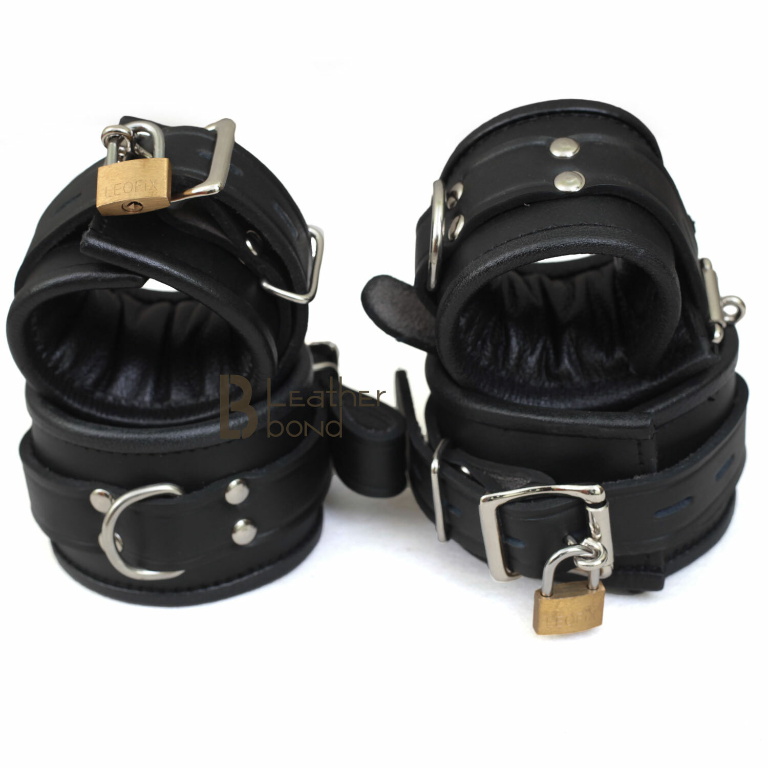 Real Leather Wrist & Ankle Cuffs Restraint Set Black 4 Pieces Lockable ...