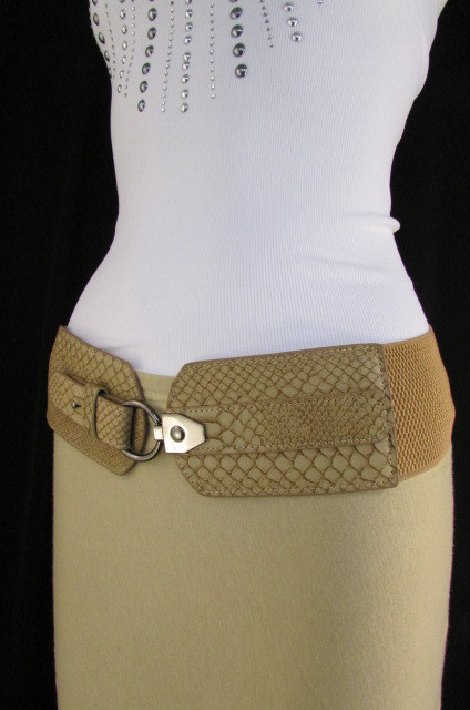 Women Black White Beige Elastic Fashion Belt Snake Skin Wide Faux ...
