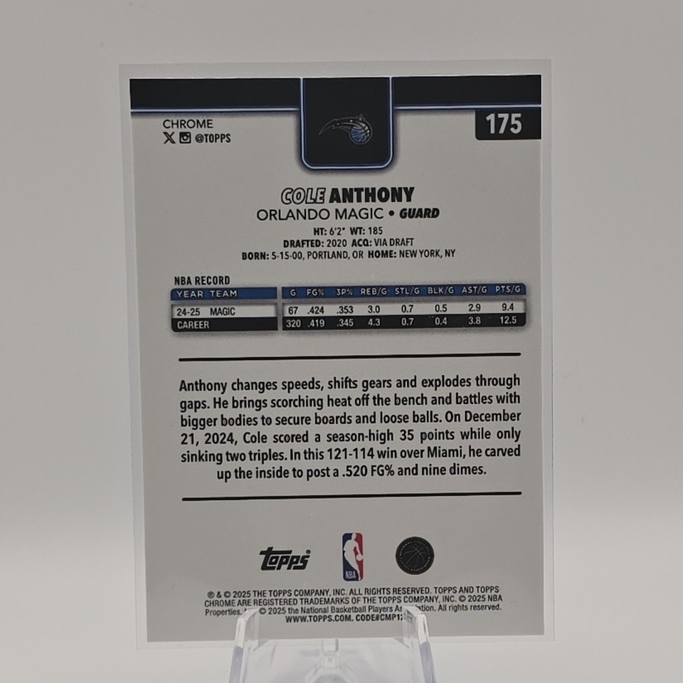 2025-26 Topps Chrome Cole Anthony #175 Red White Blue NBA Basketball ...