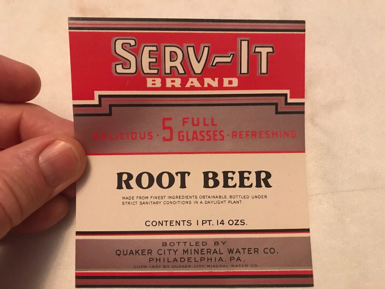 SERV-IT VINTAGE ROOT BEER LABEL, Quaker City Mineral Water ...