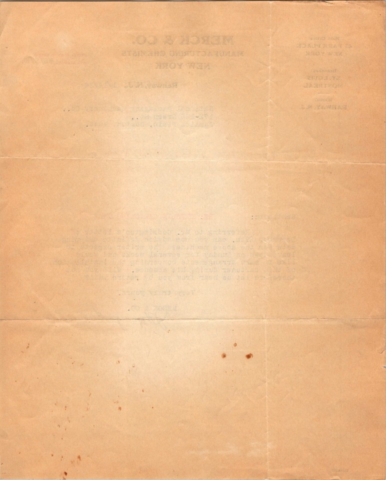 Merck & Co Rahway NJ 1924 Letterhead Chemists Pharmaceuticals | eBay