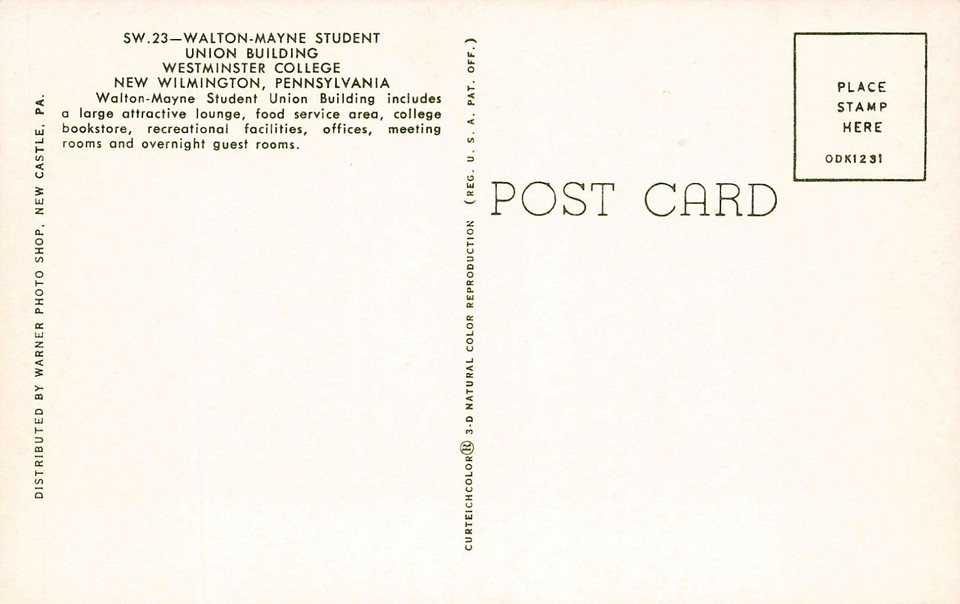 Westminster College New Wilmington PA Campus Student Union Vtg Postcard ...