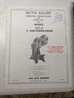ALVA ALLEN OPERATING INSTRUCTION SERVICE PARTS LIST MANUAL MODEL BT-5 ...