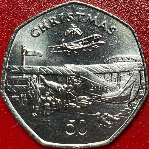 1985-AA ISLE OF MAN 50 PENCE CHRISTMAS AIRMAIL 1935 PLANE CU-NI COIN ...
