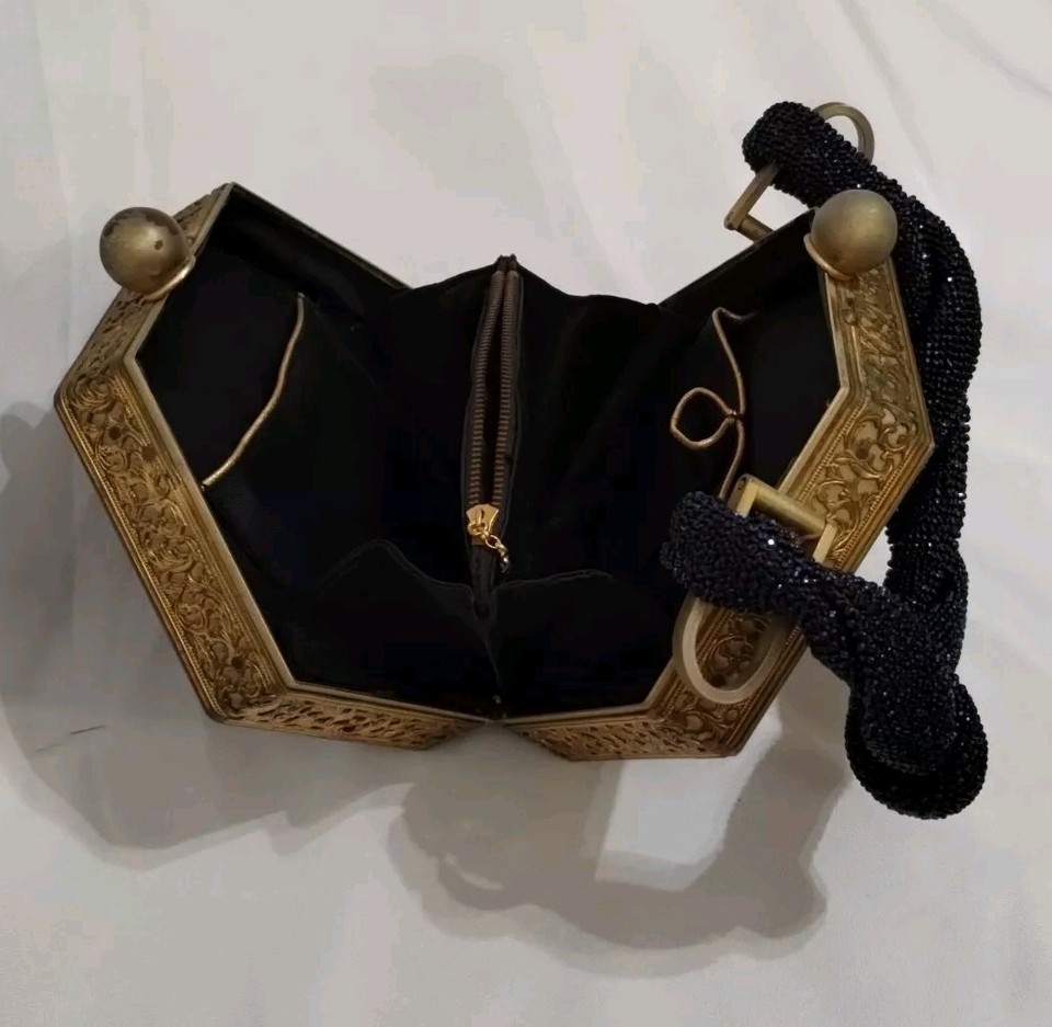 Handbag/Purse Sapphire Blue Beaded Tortoise Lucite Gold Plated Tyrolean ...