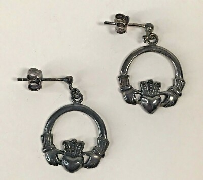 Vintage 925 Sterling Silver Hands Holding Heart Dangle Pierce Earrings ...
