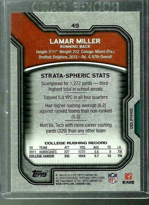Miami Dolphins Lamar Miller Rookie Card 2012 NFL Topps Strata #49 RC | eBay