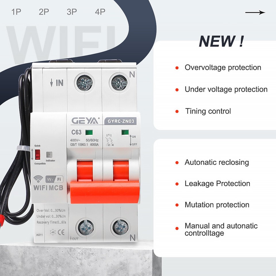 GEYA WIFI Circuit Breaker Time Relay Switch 1-4P 20-100A Voice Remote ...