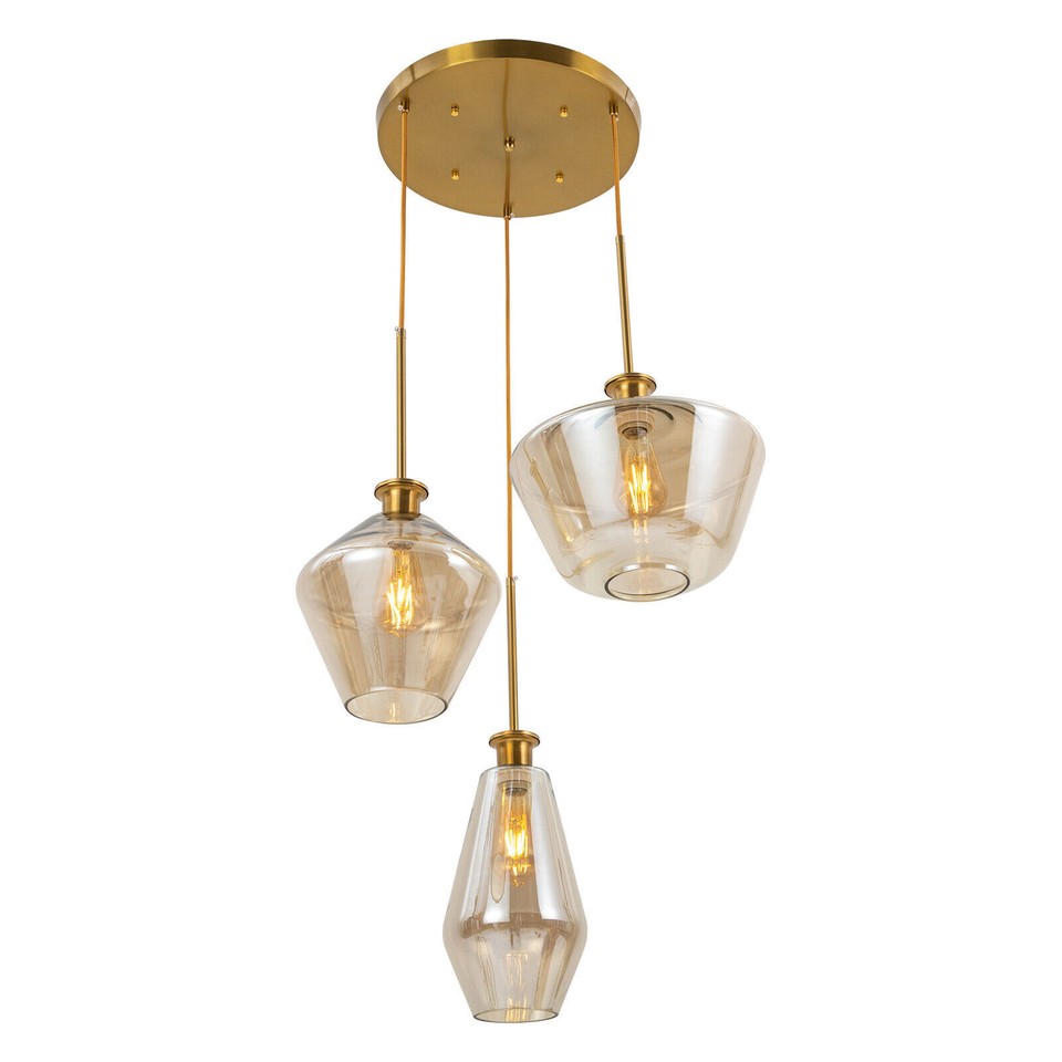 3-Light Chandelier Ceiling Lights Glass Champagne Gold Hanging Pendant ...