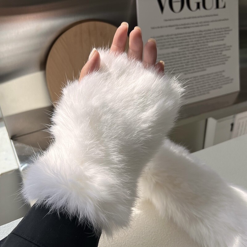 Women's Warm Real Rabbit Rex Fur Gloves Knitted Stretch Fingerless ...