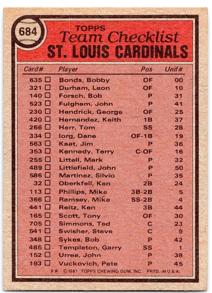 1981 Topps #684 St. Louis Cardinals Baseball Team Card / Whitey Herzog ...