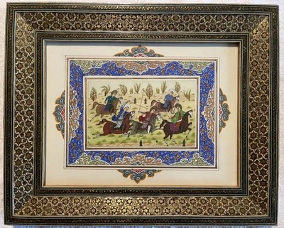 Khatam Frame and Miniature Hunting Scene Painting | eBay
