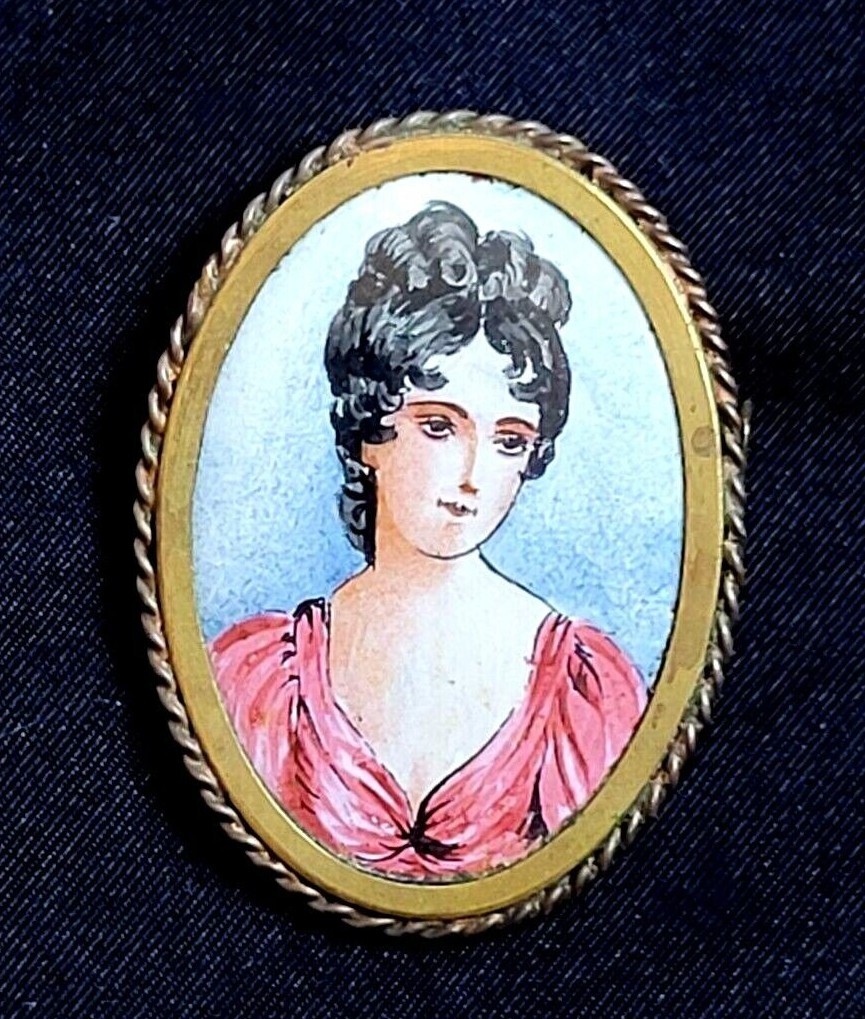 Victorian Hand Painted Lady on Porcelain Brooch - Gem