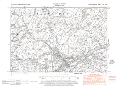 Ammanford, Llandybie south, old map Carmarthen 1948: 48NE repro Wales ...