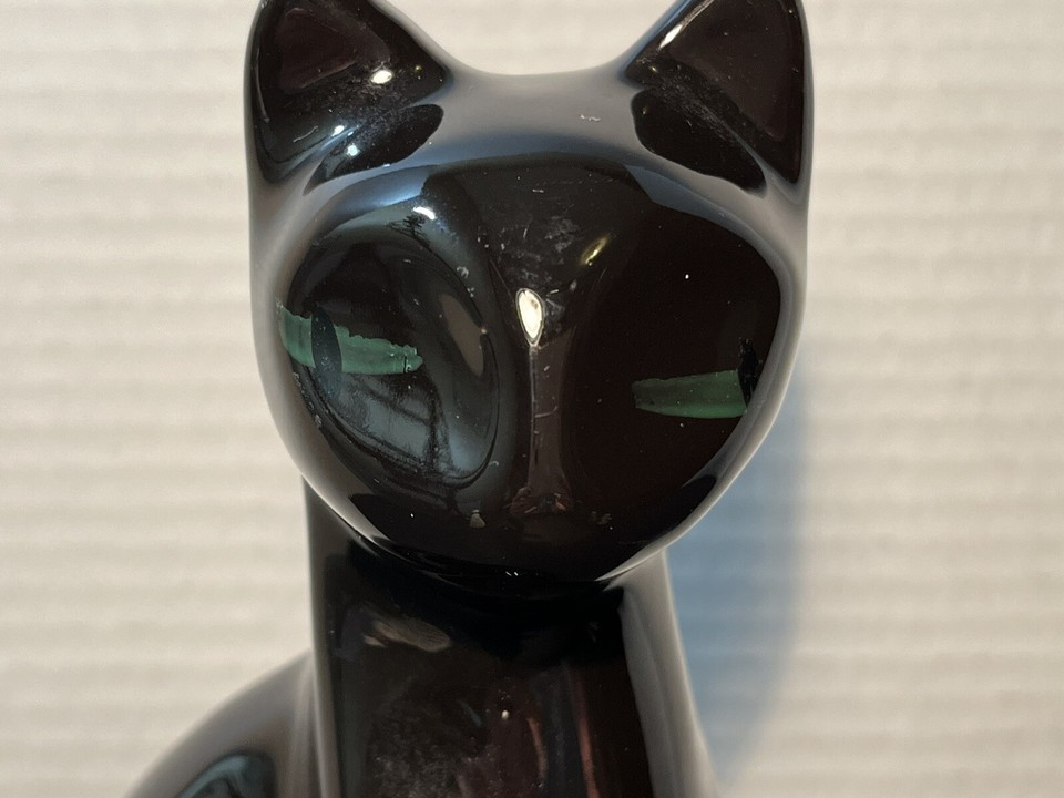 Vintage Black Ceramic Cat Statue Figurine Figure Green Eyes Art Mark 8 ...