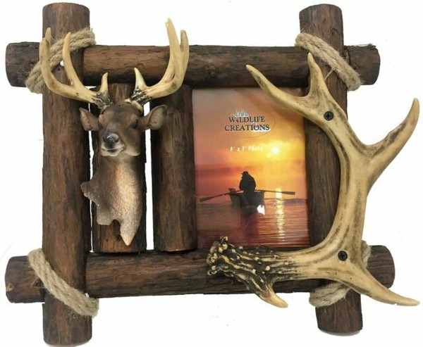 Deer Head Picture Frame 5x7 Large Antlers Buck Cabin Lodge Decor Logs ...