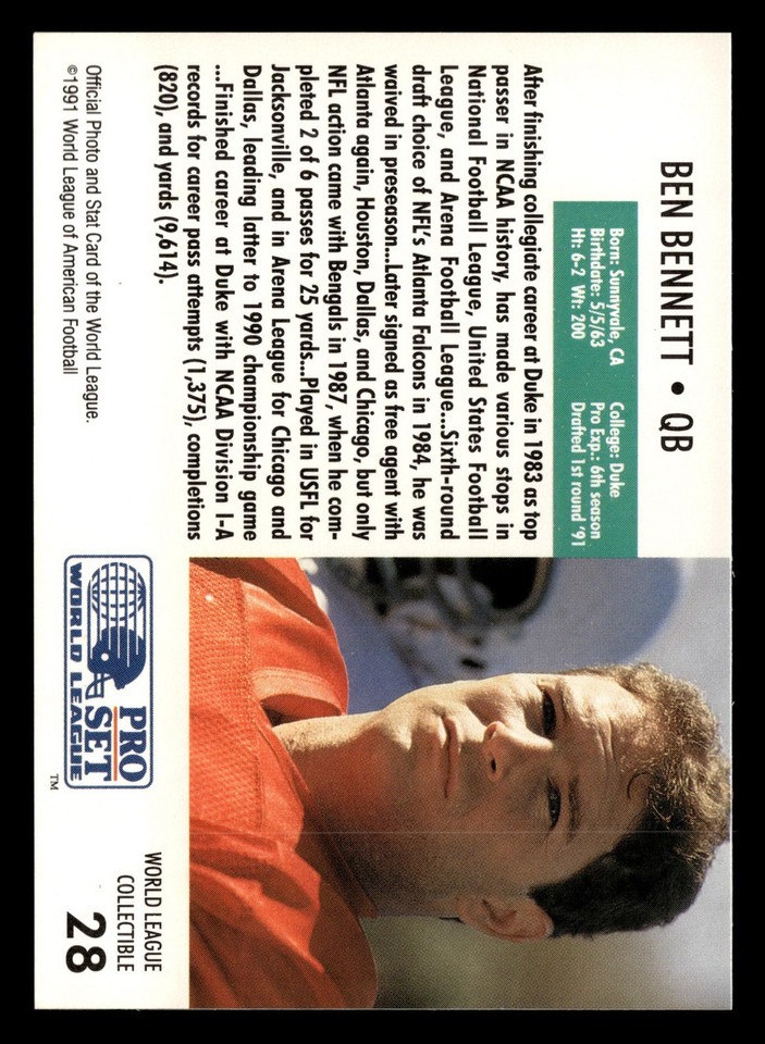 Ben Bennett 1991 Pro Set ROOKIE RC #28 Sacramento Surge FOOTBALL *237 ...