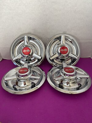 (4) 3 BAR SPINNERS CENTER CAPS FOR CHEVY RALLY WHEELS 7", RED FLAGS ...