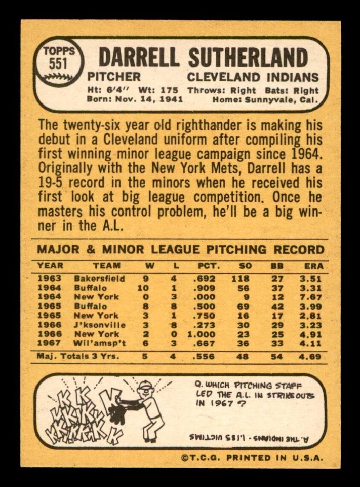 1968 Topps Baseball #551 Darrell Sutherland EX *e1 | eBay