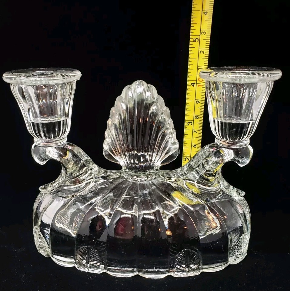 LE SMITH DOUBLE CANDLE HOLDER PRESSED GLASS CLAMSHELL FERN PATTERN ...
